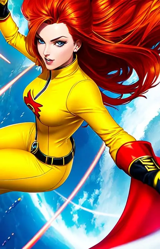 Johfra style female superhero, yellow suit, surging...