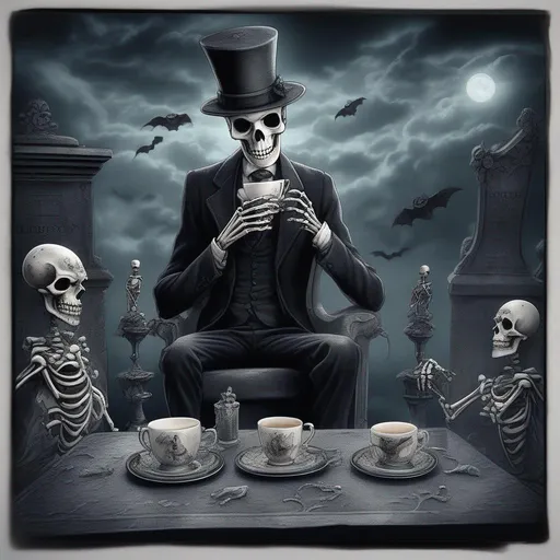 skeleton in a suit drinking tea in the cemetery acco...