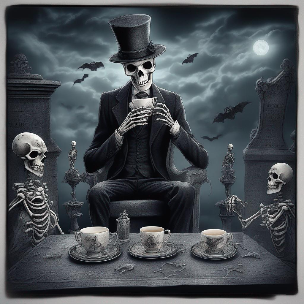 skeleton in a suit drinking tea in the cemetery acco...