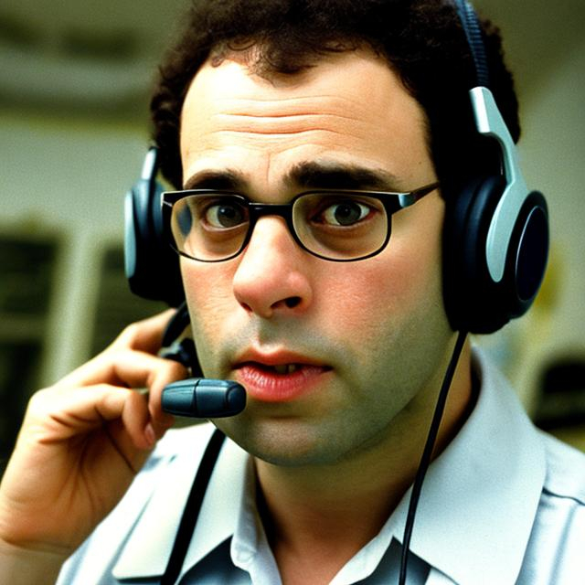 A serious man wearing an awkward 1990's phone headse... | OpenArt