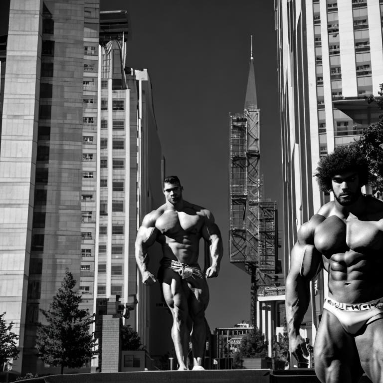 A 30 foot tall bodybuilding looming over a 6 foot t...