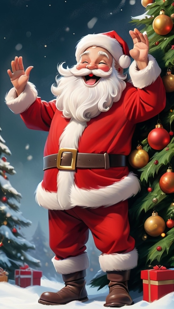 Digital painting, smiling Santa full body winking wa...