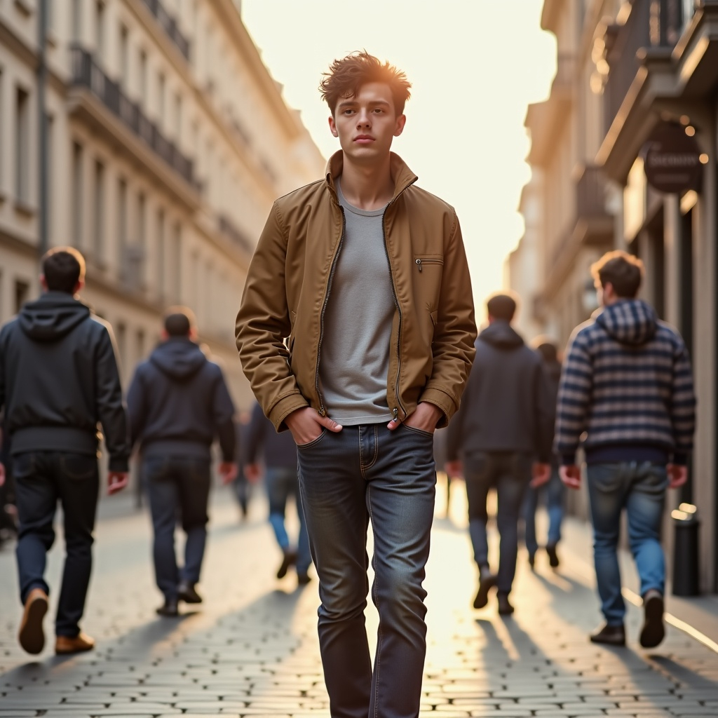 Tall young man walking down the high street, detaile...