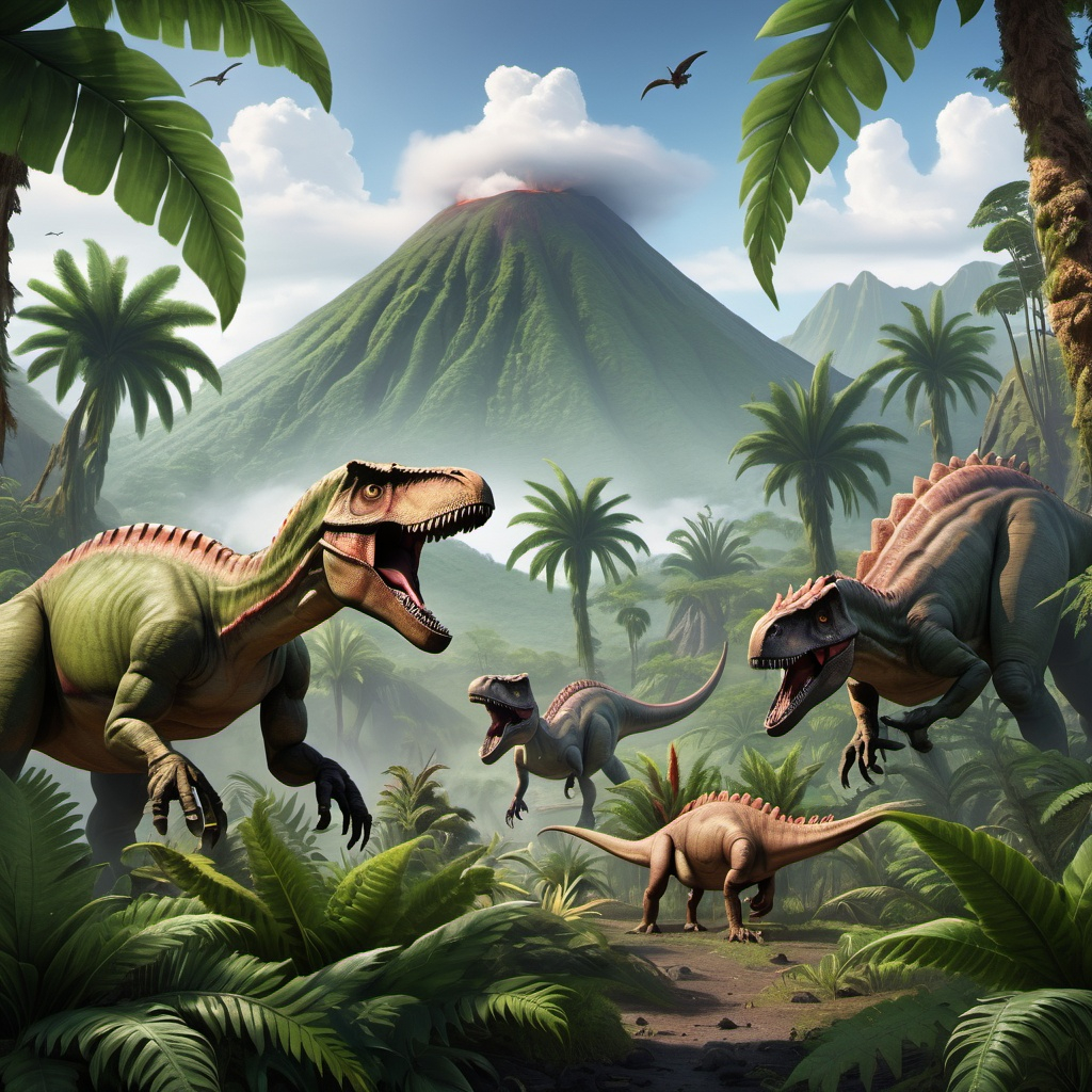 "A prehistoric jungle with dinosaurs, large ferns, a...