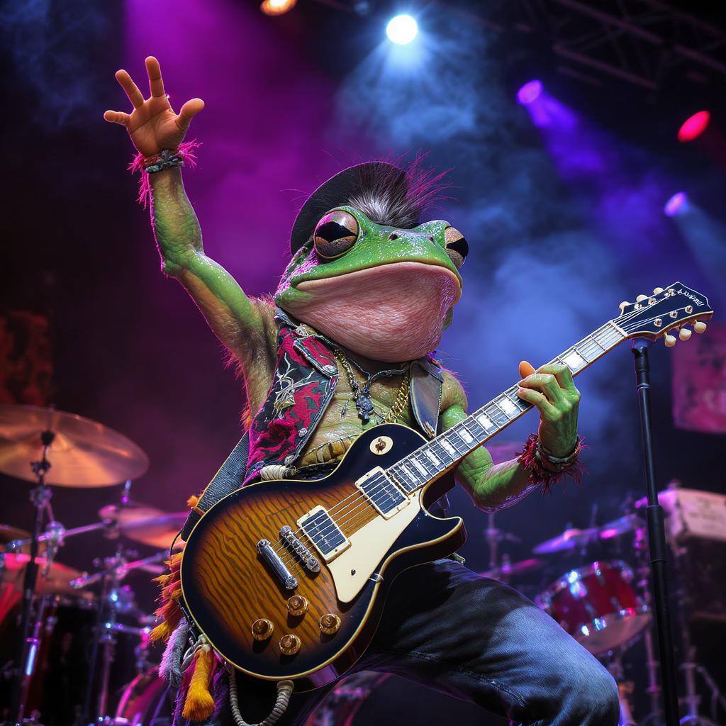 A cartooon punk rock tree frog playing a Les Paul ro...