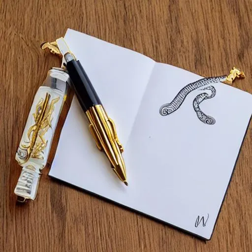 golden ink pen with snake drawing on it