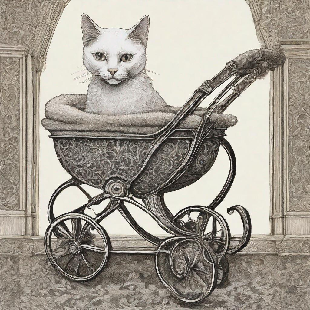 Colored ink drawing of a white cat, curious gaze, ba...