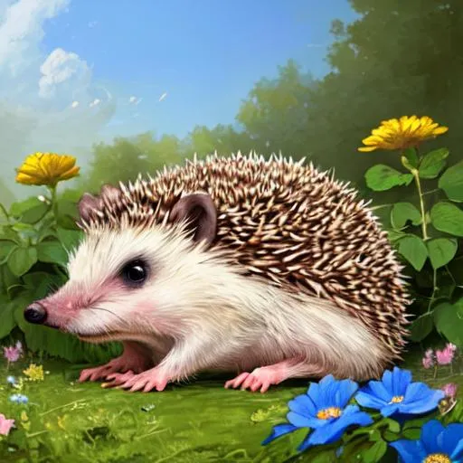 hedgehog smelling a flower clear blue sky intricate...