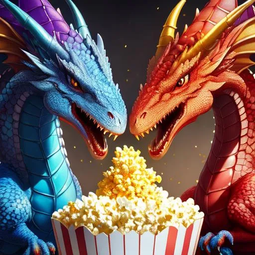 Colorful dragons eating popcorn together, cute face,... | OpenArt