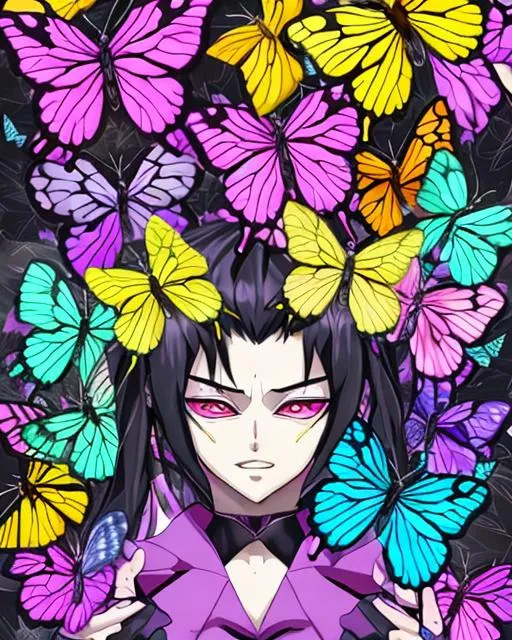 Anime villain is being attacked by butterflies, colo...