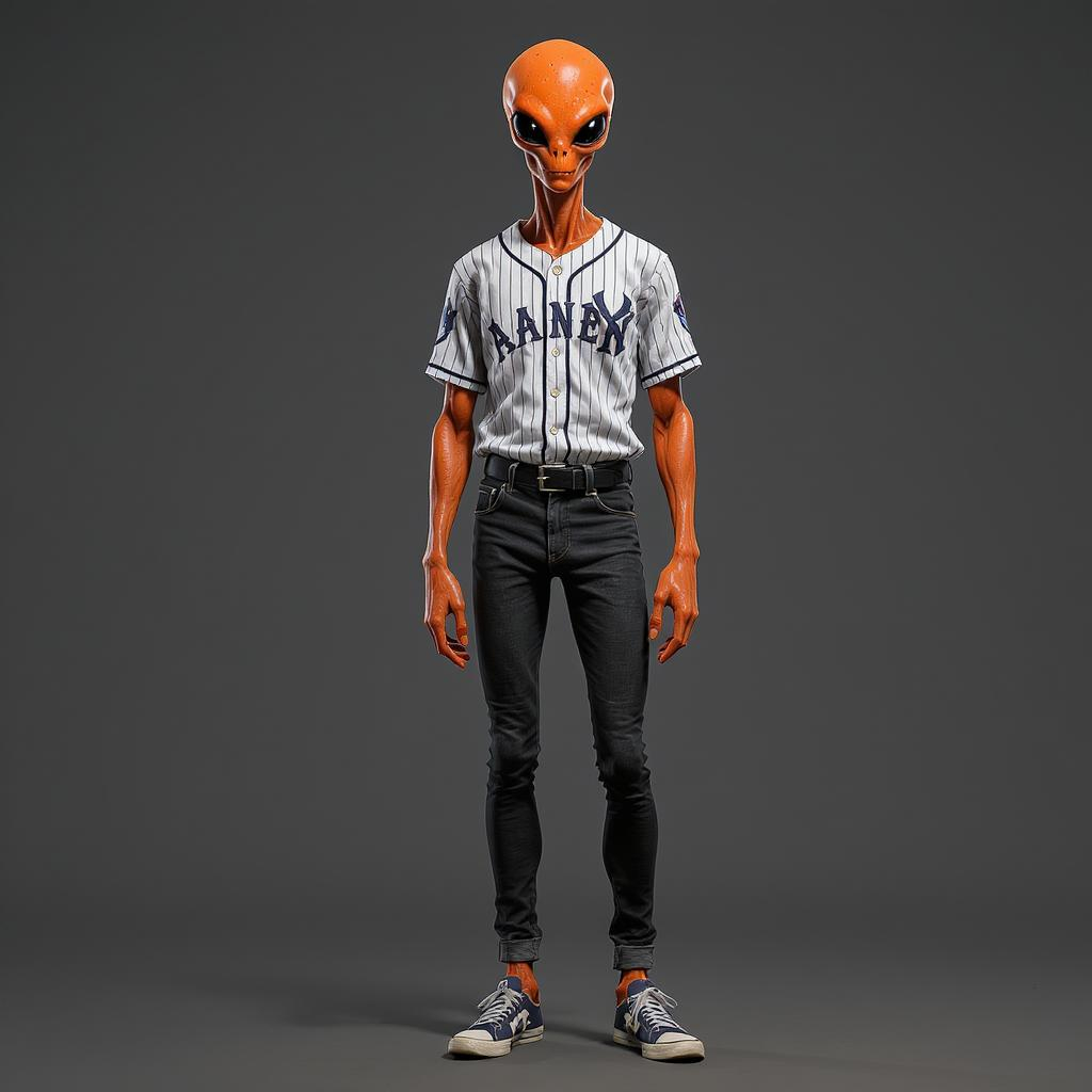 Humanoid alien with orange skin and large eyes and n...