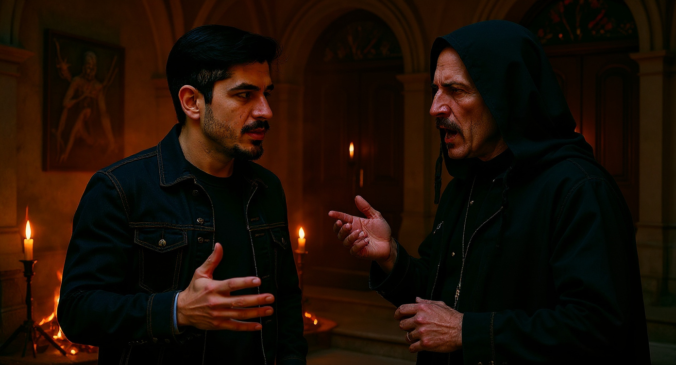 Man is in streetwear, at a Santanic ritual, talking...