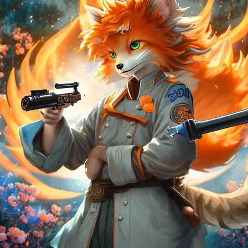 beautiful kitsune with vivid blue eyes that glow, or...