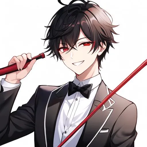 Damien (male, short black hair, red eyes) holding a... | OpenArt