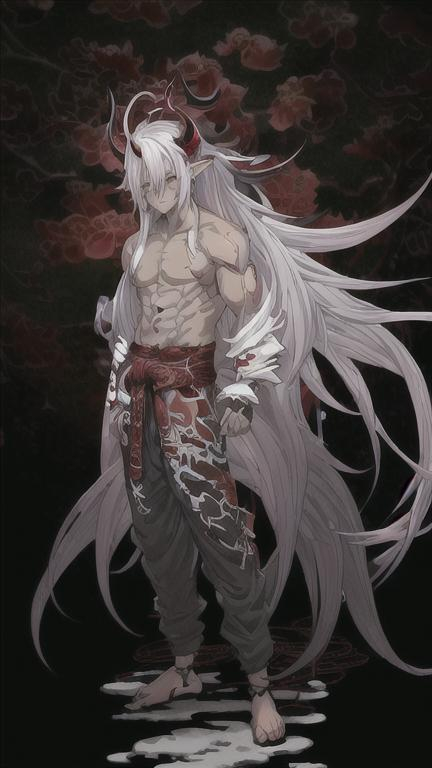 A handsome anime boy, oni, very detailed, emotionles...