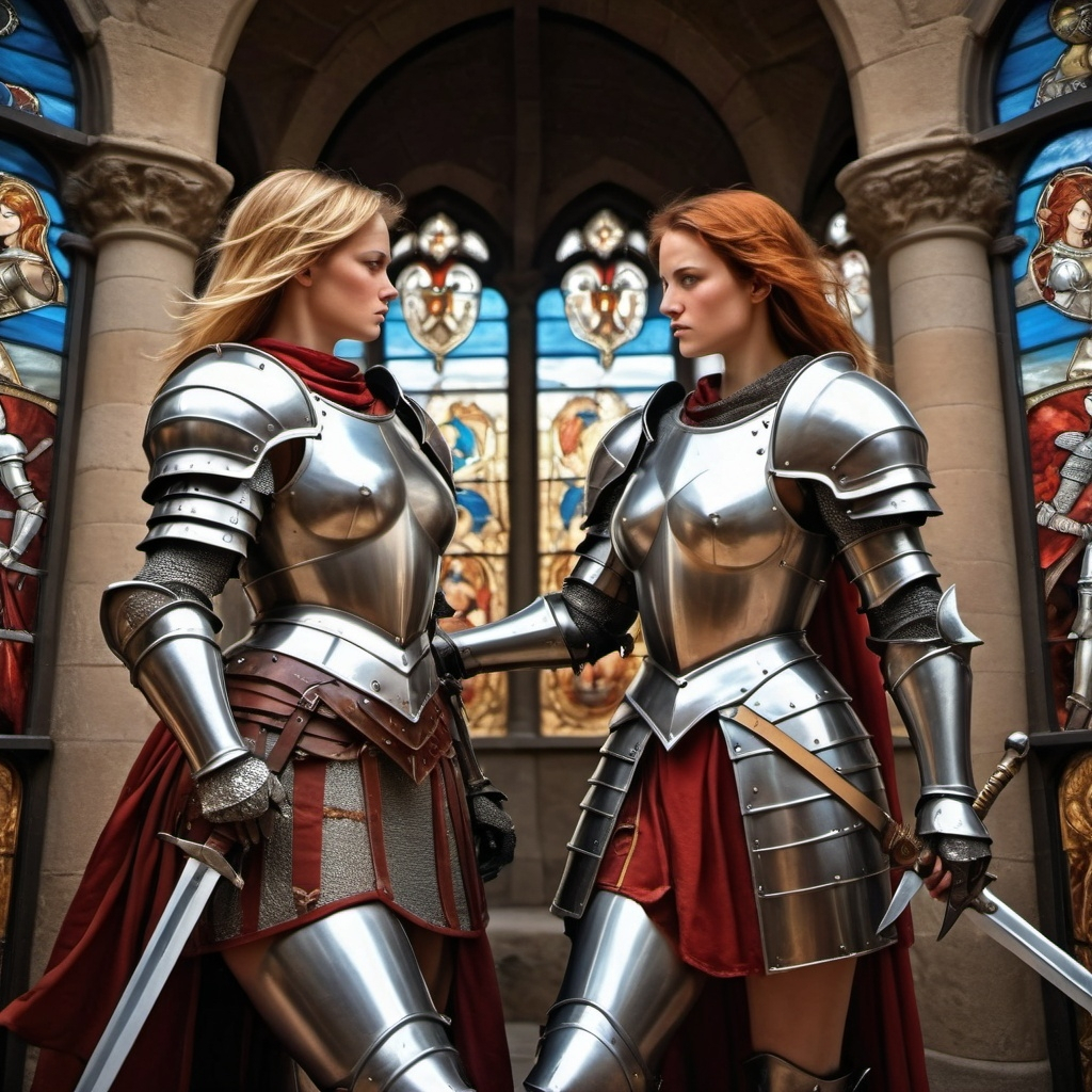 2 strong female warrior knights, clashing in battle,...