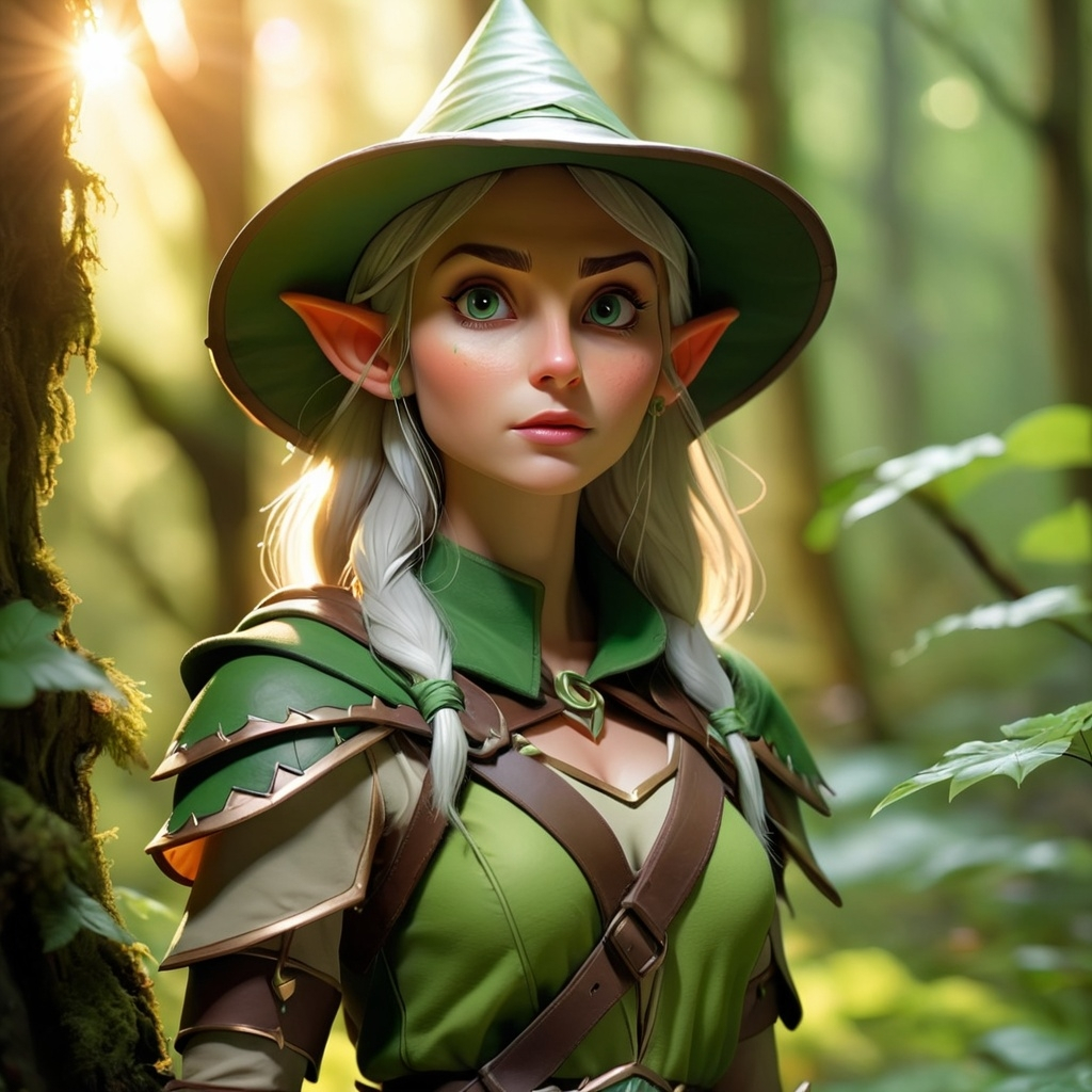 Elf ranger in a mystical forest around sunlight