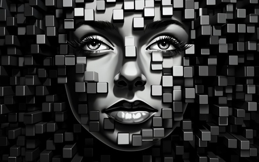 vector 3d girl face made of different sized black ou...