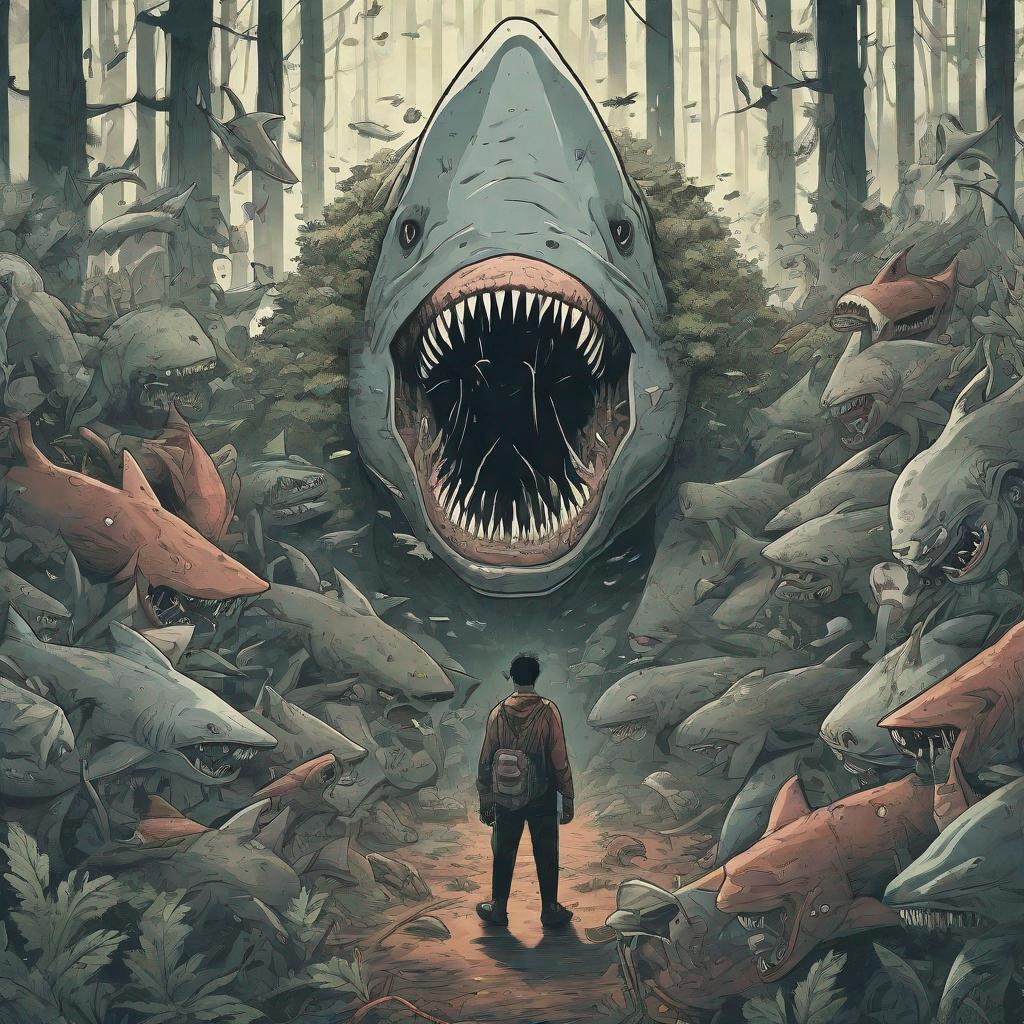 A man in the middle of a dense forest is surrounded...