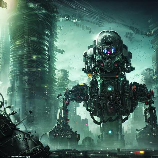 Mech warrior, green energy, glowing eyes, Horror, pe...