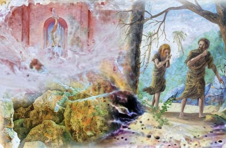 Oil Paint of Adam hides from God in heaven