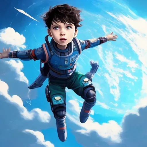A futuristic boy is flying