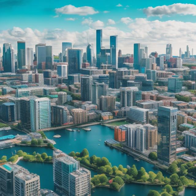 a city scape with tall buildings, green grass and bl... | OpenArt