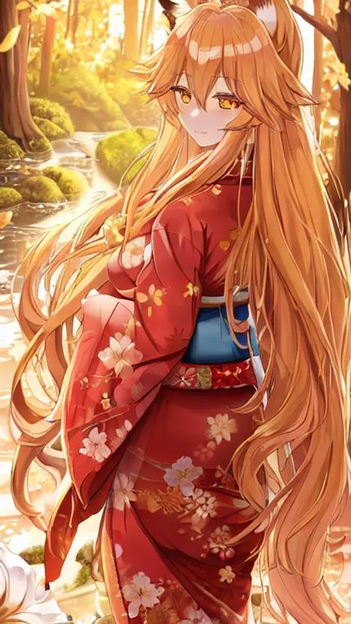 two fox girl, two female, golden hair, long flowing...