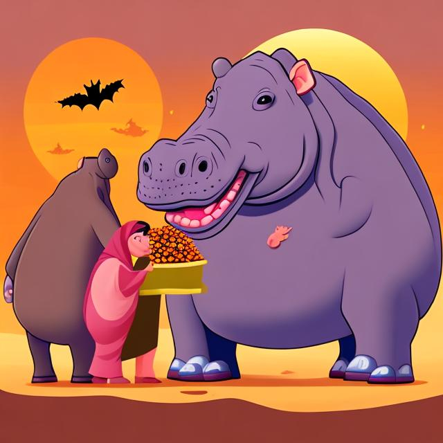 cartoonized hippo asking for trick or treat from an...