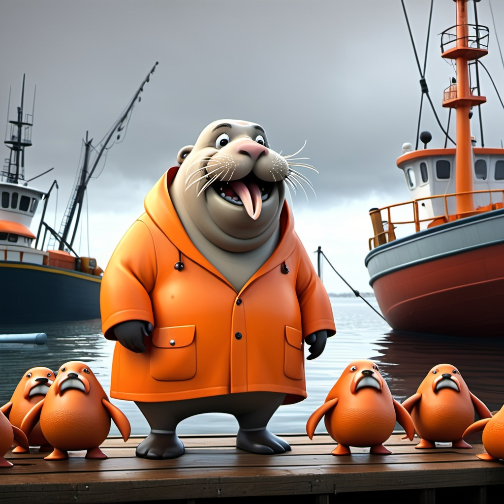 A short plump 3d cartoonish walrus wearing an orange...
