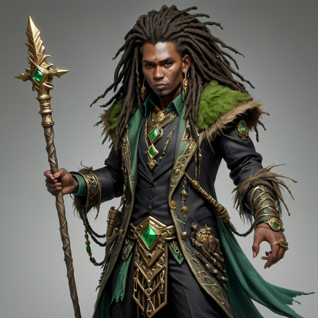 black druid with dreads in a black and green suit wi...