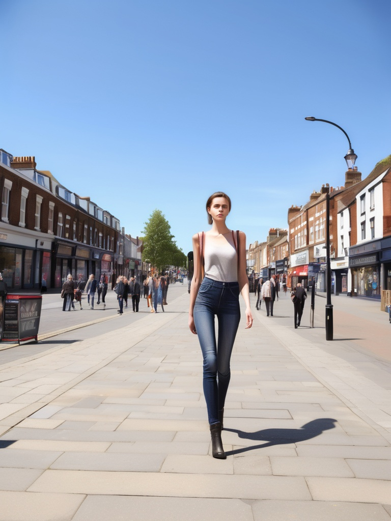 Tall young woman walking down the high street, detai...