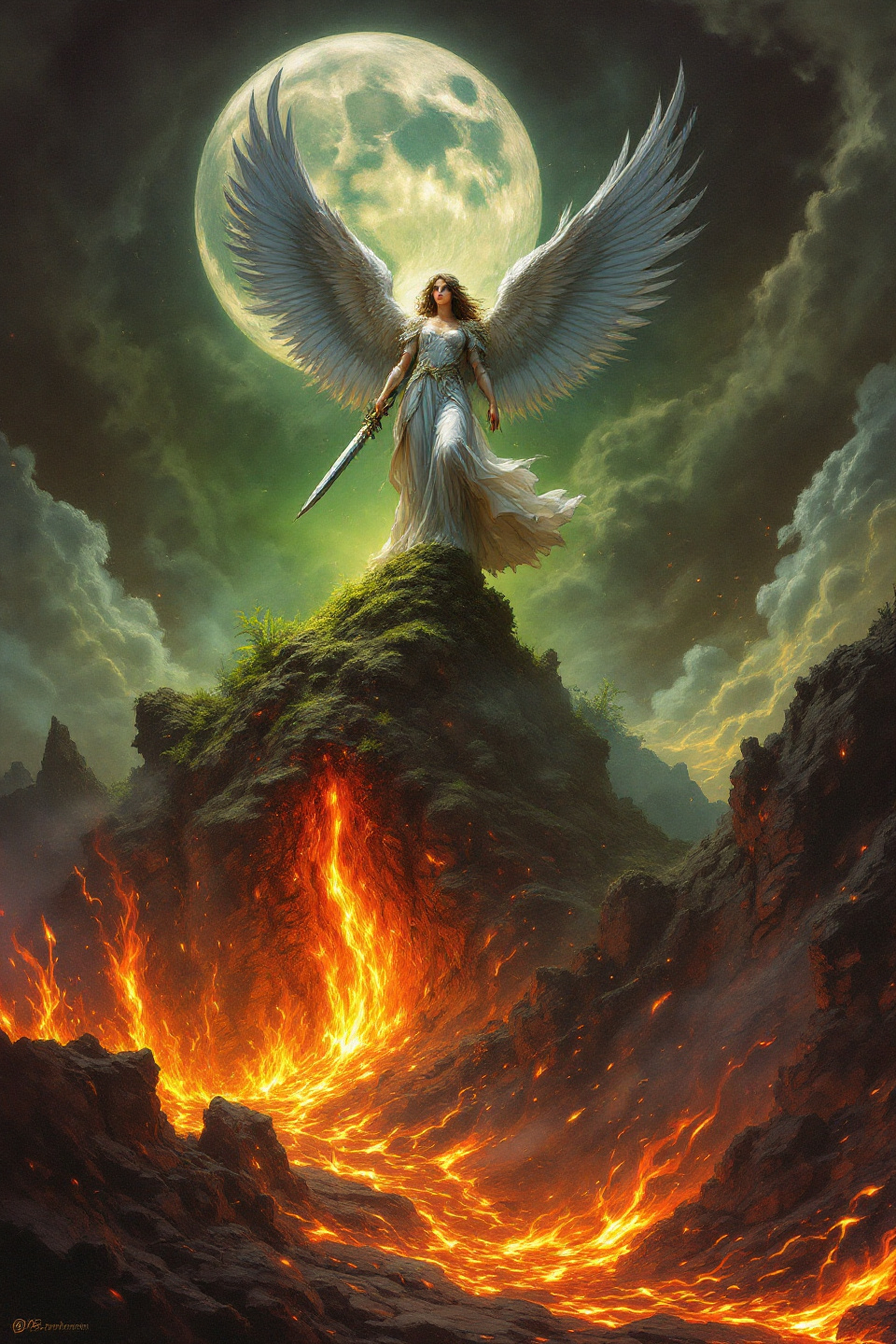 An angel with sword standing on a hill over Hell bur...
