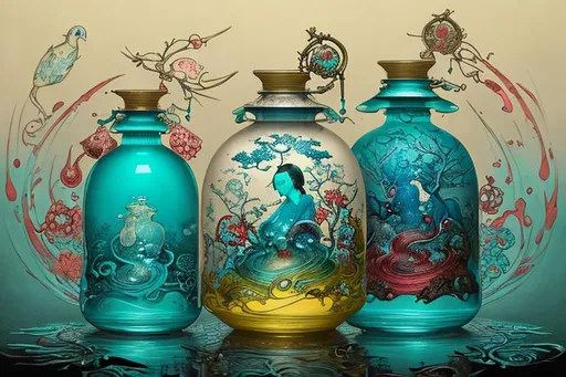 teal potion bottles; a beautifully colorful and intr...