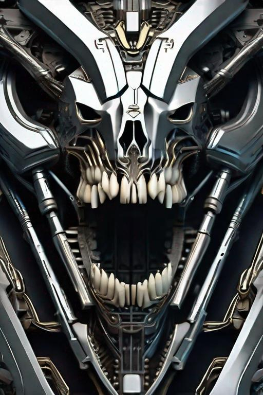 Close-up shot, gigantic robotic skull, sharp menacin... | OpenArt
