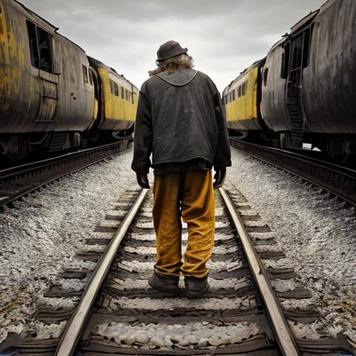 a hobo pictured from behind, walking between old tra...