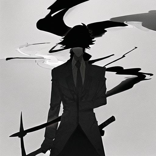 a shadow with a sword in the smoke slowly approachin...