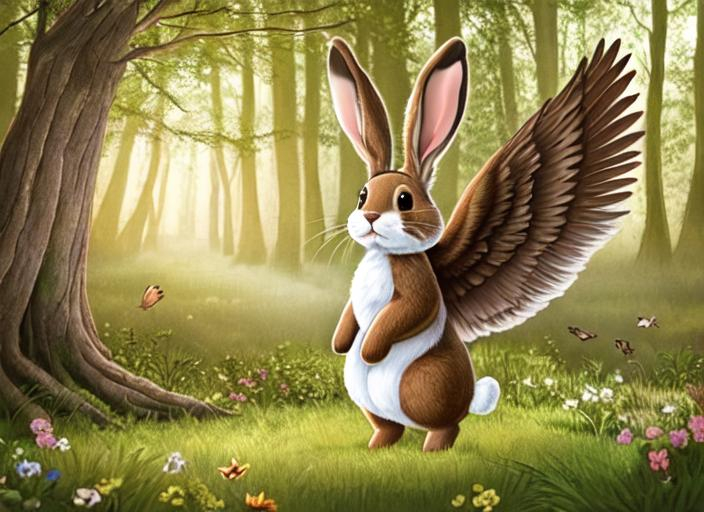brown bunny rabbit with eagle wings in the forest