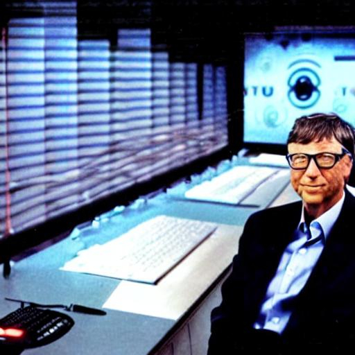 Bill Gates in a large room, with a huge control pane...