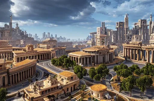 ultrarealistic futurist city of roman empire, many d...