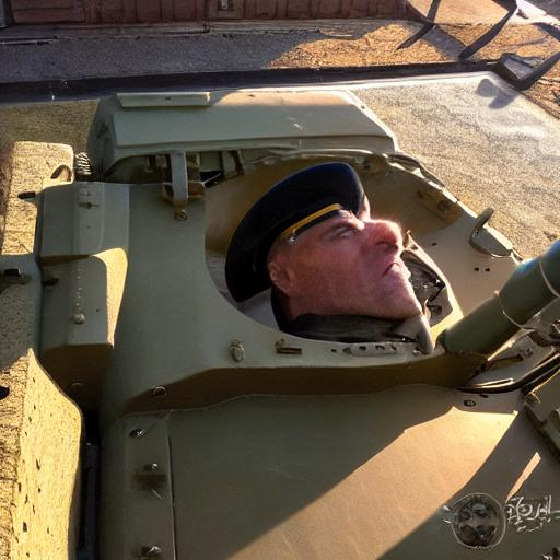 Tank commander sticking his head out of a tank hatch...