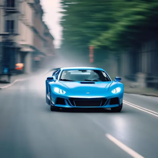 crisp shot of a blue car speeding down a road with b...