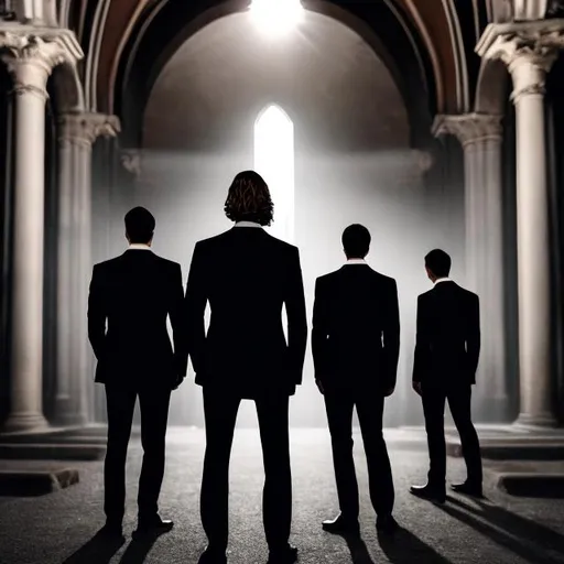 men in suits faceless from behind, concert poster i...