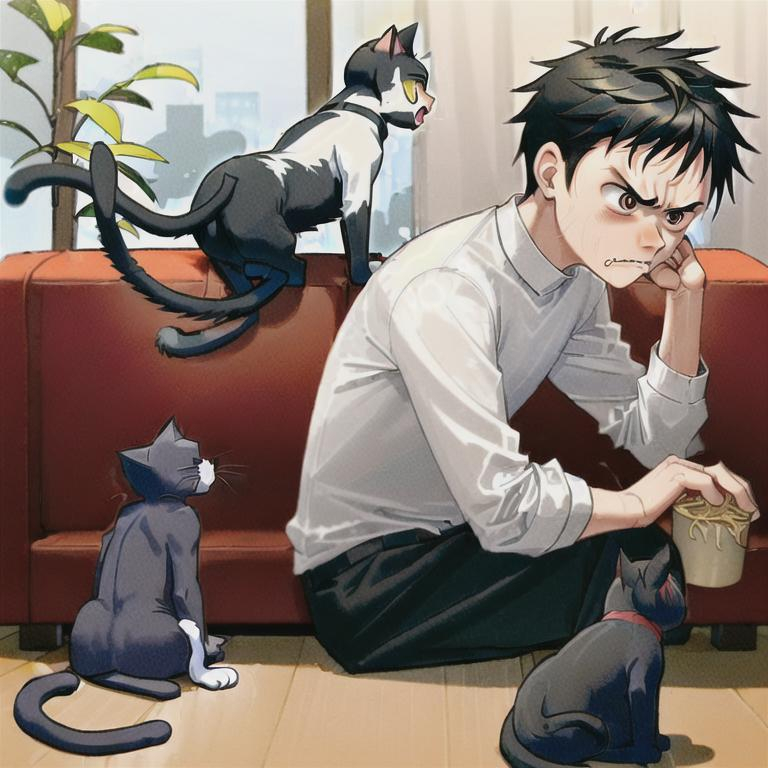 Boy is angry at a cat that knocked over his noodles,... | OpenArt