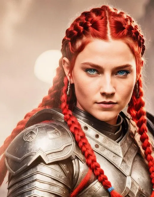 Digital art, woman viking, red hair, cornrow braids,...