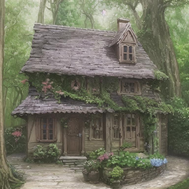 beautiful ornated stuning cossy cottage in the wood | OpenArt
