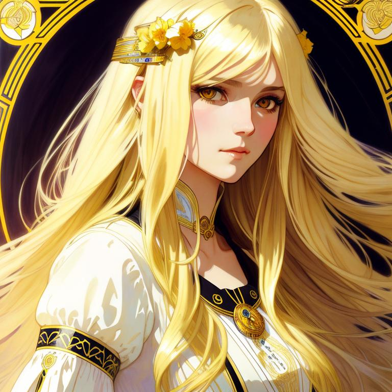 Lady midday, long blond hair, messy hair, yellow eye...