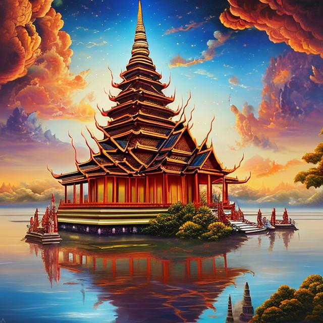 A traditional Thai pagoda floating in the middle of...