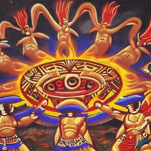 Aztec gods dancing around a fire with all seeing eye... | OpenArt