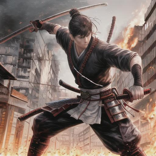 time traveling samurai draws his katana anticipating... | OpenArt